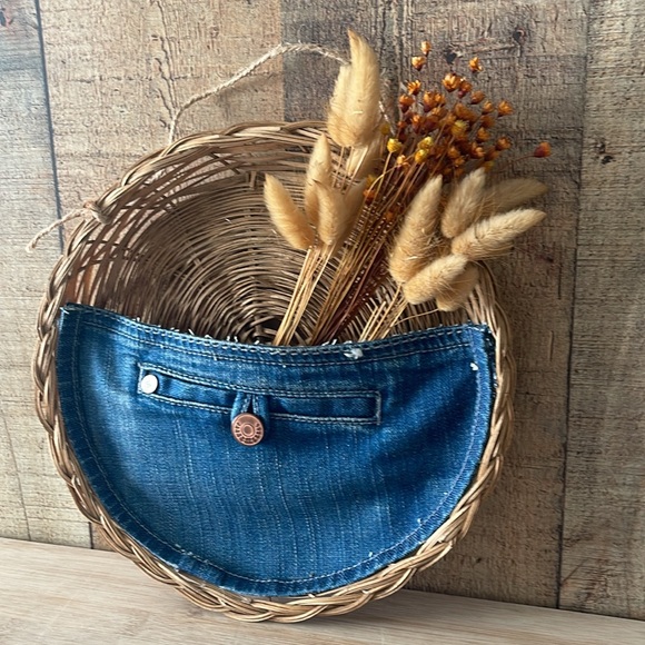 Handmade | Accents | Upcycled Basket With Denim Wall Pocket With ...
